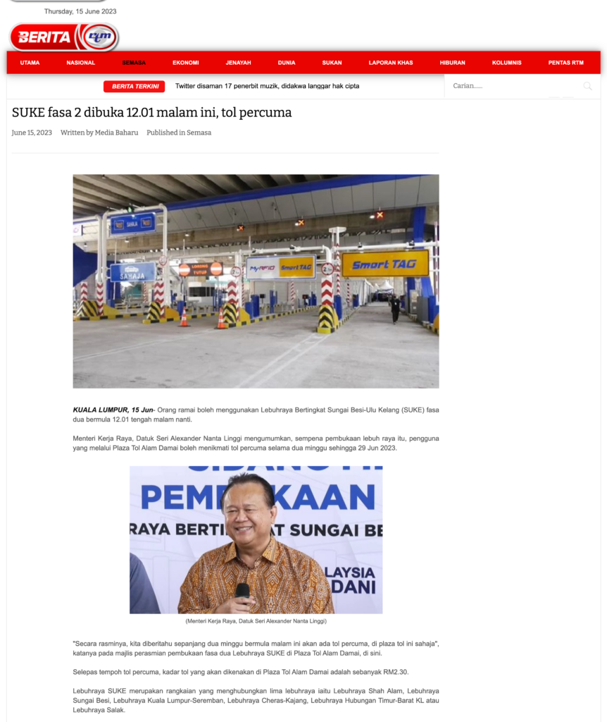 BERITA RTM | SUKE FASA 2 DIBUKA 12.01 MALAM INI, TOL PERCUMA - PROLINTAS