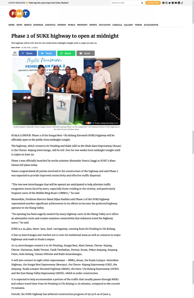 FREE MALAYSIA TODAY | PHASE 2 OF SUKE HIGHWAY TO OPEN AT MIDNIGHT ...