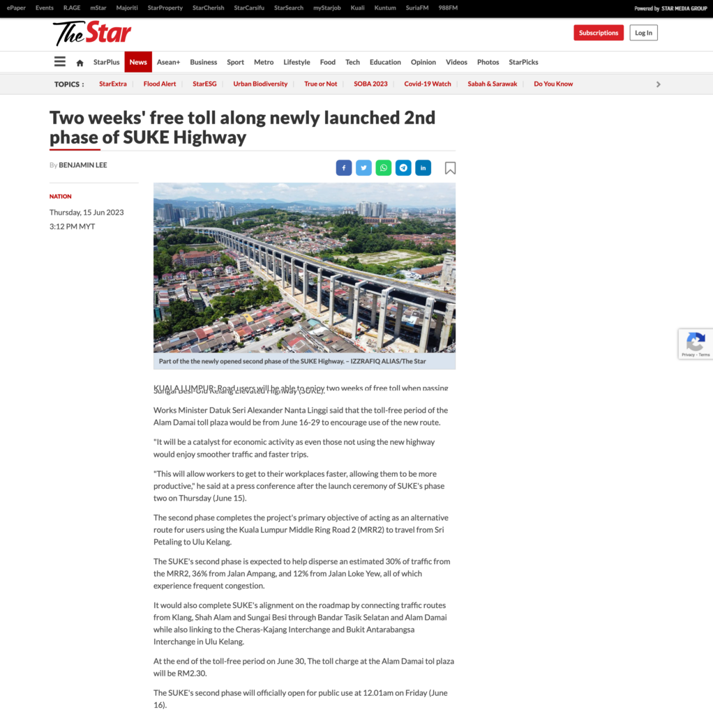 THE STAR | TWO WEEKS' FREE TOLL ALONG NEWLY LAUNCHED 2ND PHASE OF SUKE HIGHWAY - PROLINTAS