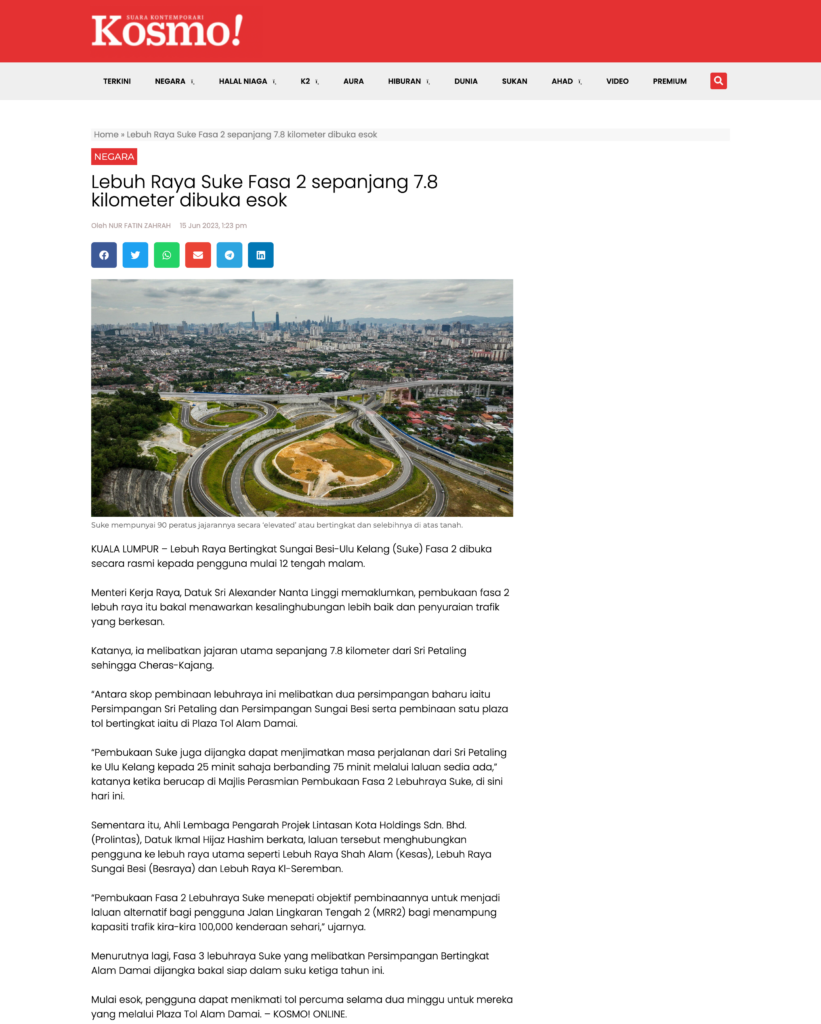 KOSMO | LEBUHRAYA SUKE FASA 2 SEPANJANG 7.8 KILOMETER DIBUKA ESOK - PROLINTAS