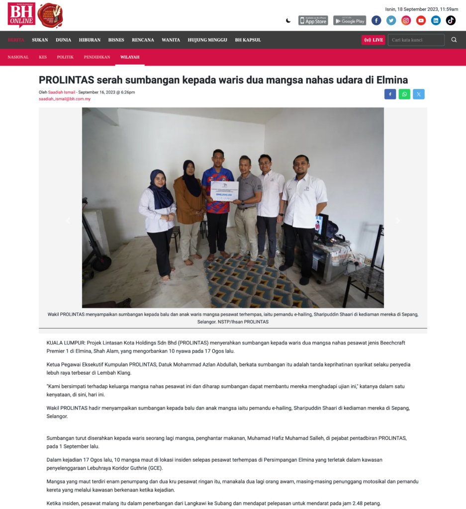 BERITA HARIAN | PROLINTAS SERAH SUMBANGAN KEPADA WARIS DUA MANGSA NAHAS UDARA DI ELMINA - PROLINTAS