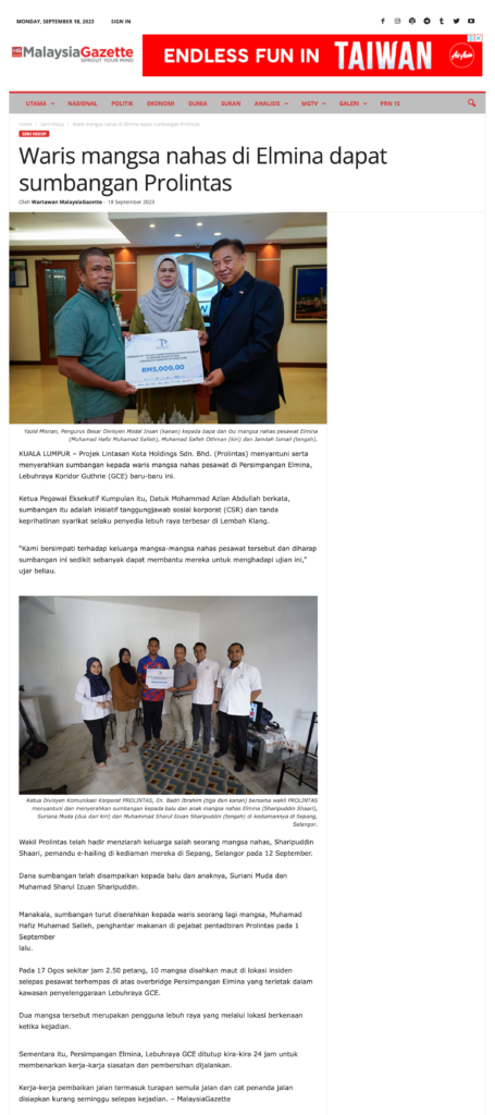 MALAYSIA GAZETTE | WARIS MANGSA NAHAS DI ELMINA DAPAT SUMBANGAN PROLINTAS - PROLINTAS