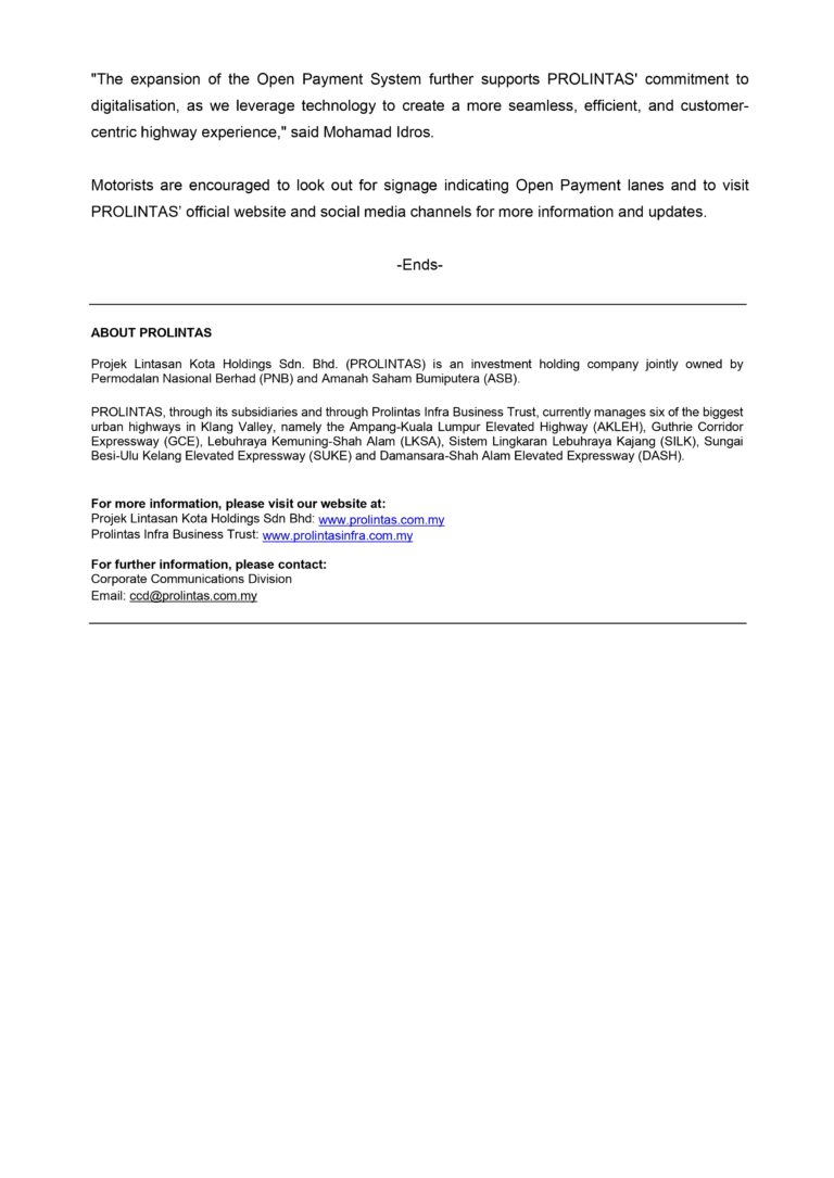 MEDIA STATEMENT - OPEN PAYMENT SYSTEM NOW AVAILABLE AT ALL PROLINTAS ...
